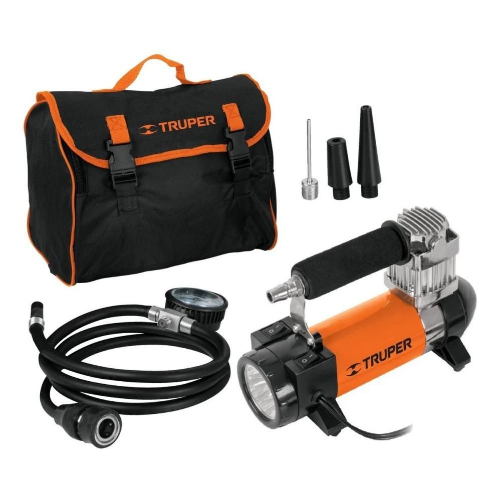 Compresor De Aire Mini Bateria Portatil Truper 12v Manguera Naranja/Negro