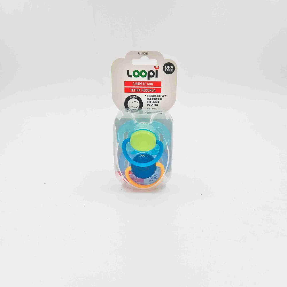 Chupete Loopi con tetina redonda azul y verde, 6-18 meses. Caja de 2 unidades