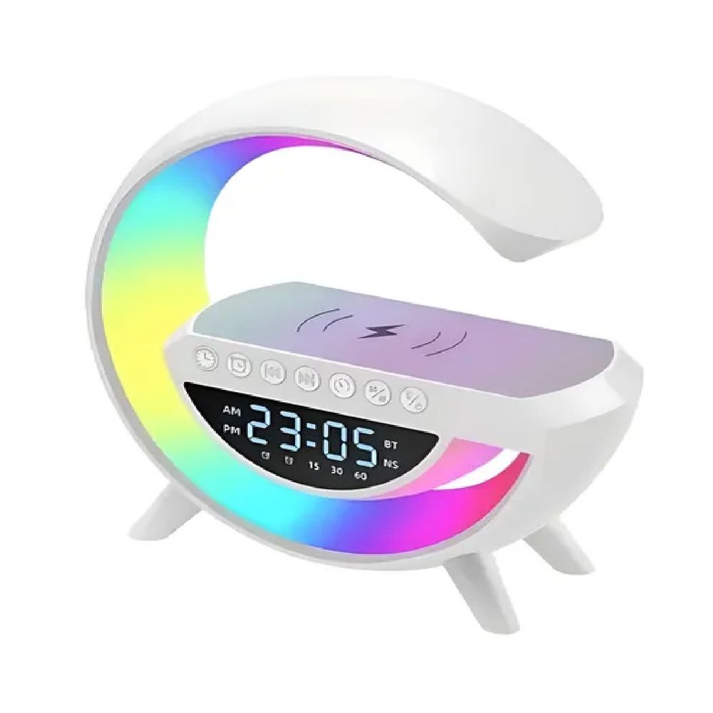 Lámpara Led G Con Reloj Parlante Cargador Inalámbrico Rgb