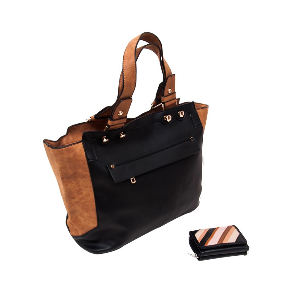 Combo cartera negra con suela y billetera combinada rayada