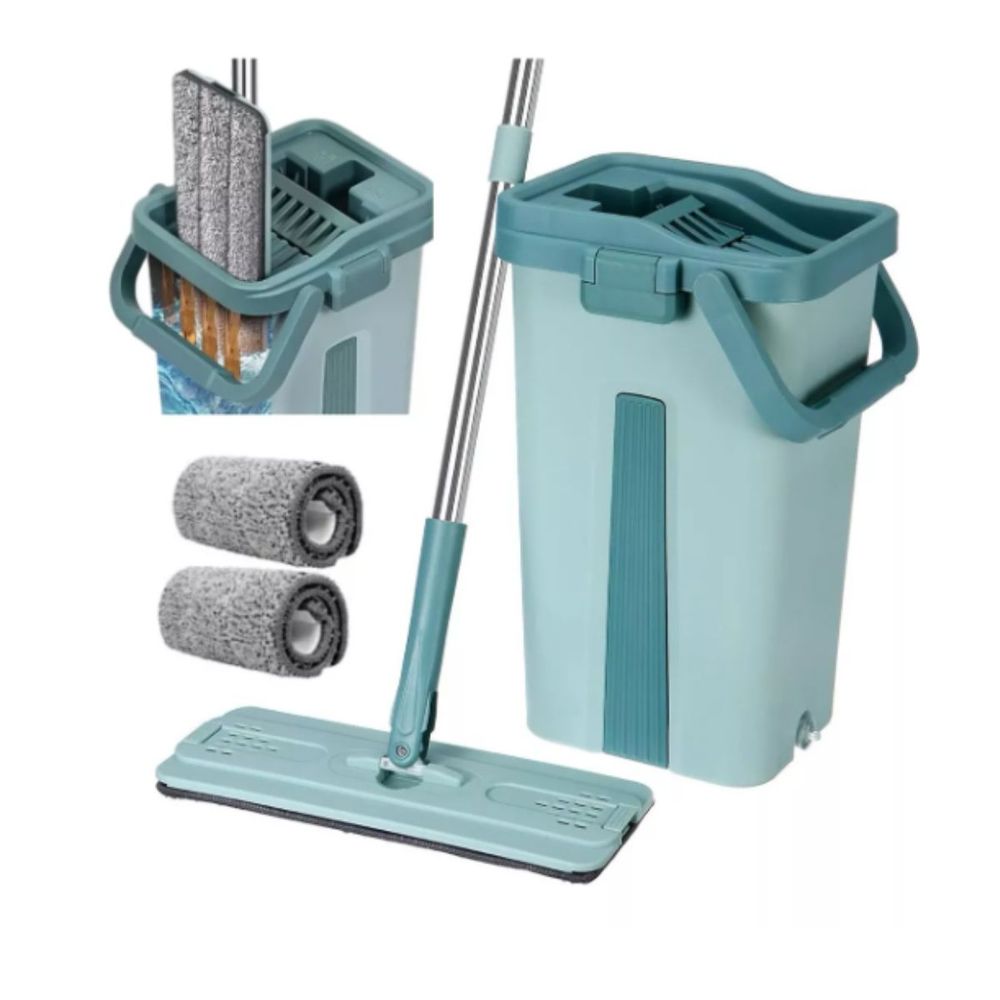 Mopa plana con 2 paños de microfibra y balde escurridor Verde