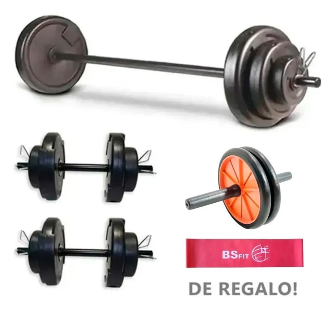 Kit Barra + 2 Mancuernas + 25 Kg Set Discos Pesas Fitness Dpr