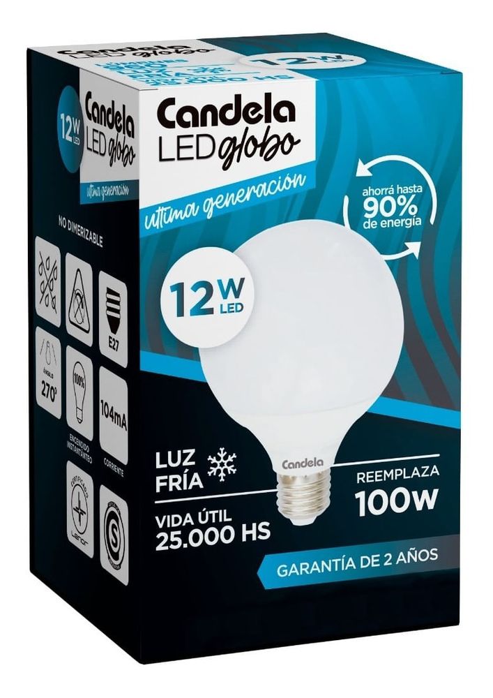 Lampara Led Globo 12w (100w) Luz Fría Candela 6800