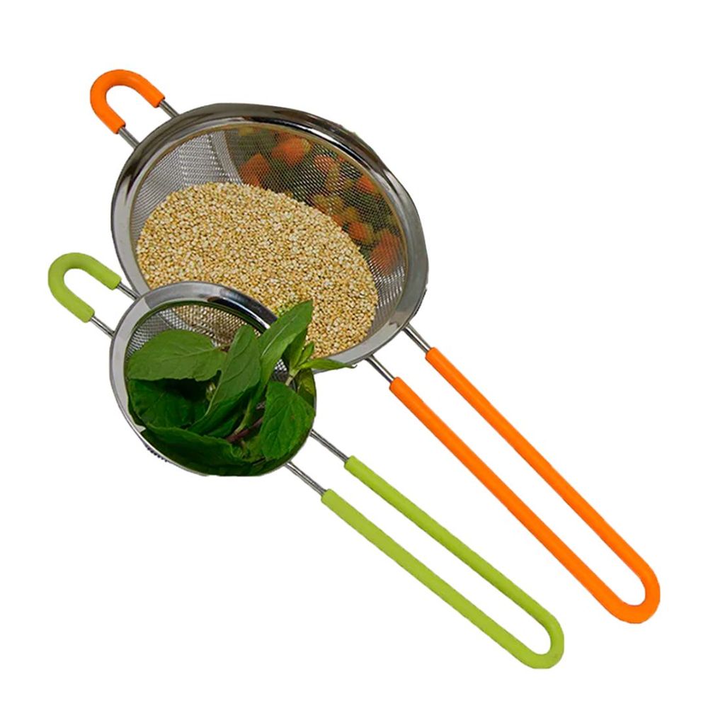 Set x2 Colador Doble Malla Acero Inoxidable Mango Silicona 7 10
