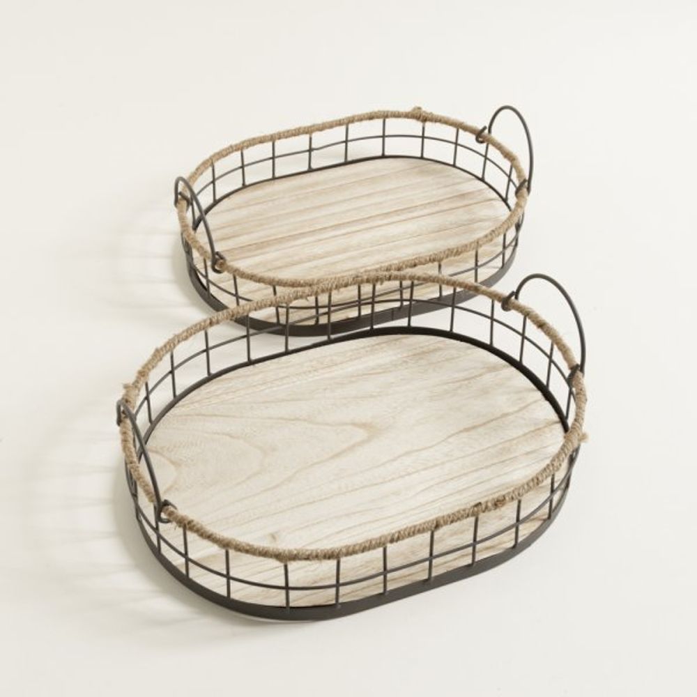 Set X 2 Bandejas Ovales Jaipur Madera y Hierro Gris 40x30x5 - 35x25x7 cm