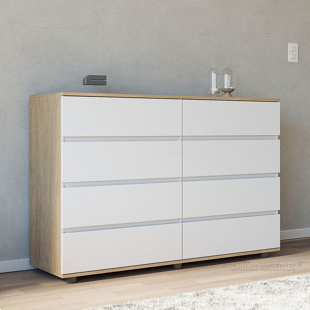 Cómoda Moderna 8 Cajones 140x92x40 Cm Natural y Blanco