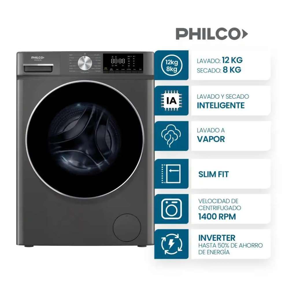 Lavasecarropas Philco 12/8KG Titanium Grey Carga Frontal Inverter Inox ...