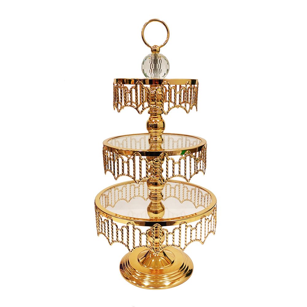 Porta cupcake triple metal y vidrio dorado 60cm