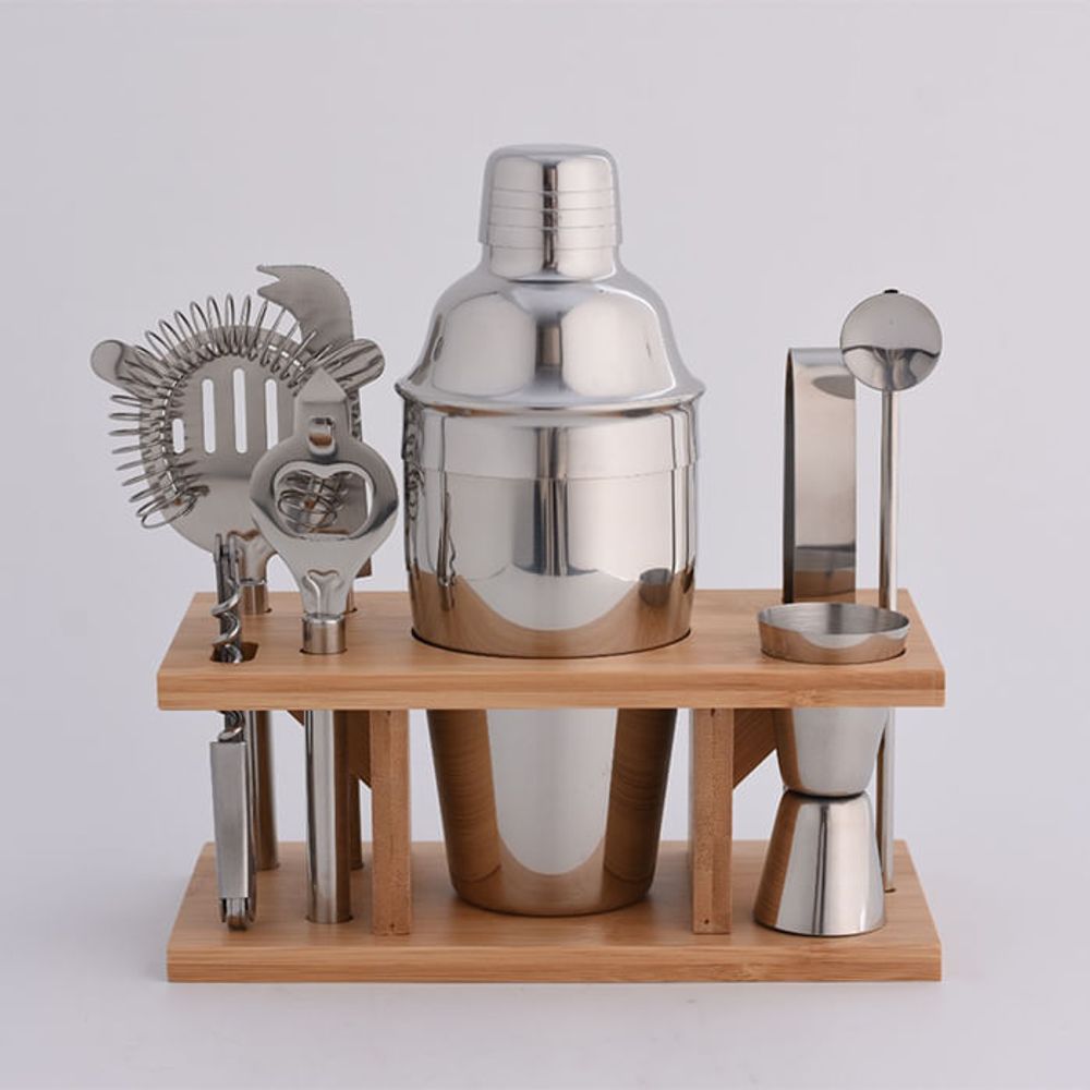 Set Coctelera 9 Piezas Base Bamboo Acero Inoxidable