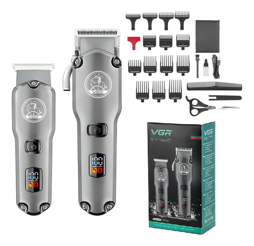 Set X 2 Máquina Cortar Pelo + Patillera Vgr V-675 Barbería Plateado