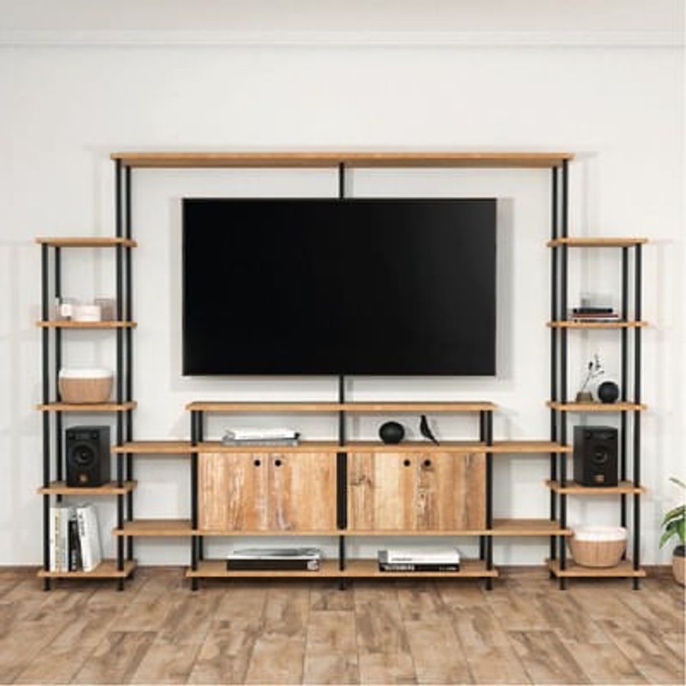 RACK PARA TV 4 CUERPOS + 2 MÓDULOS. 254 x 30 x 182 cm. Color ROBLE ATAKAMA