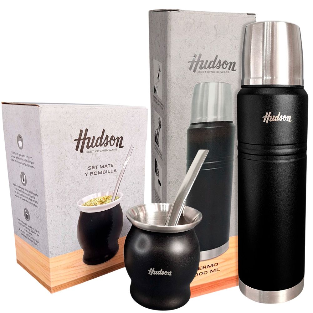 Set 3 piezas Hudson Termo 1Lts Acero Negro + Mate Copa Negro con ...