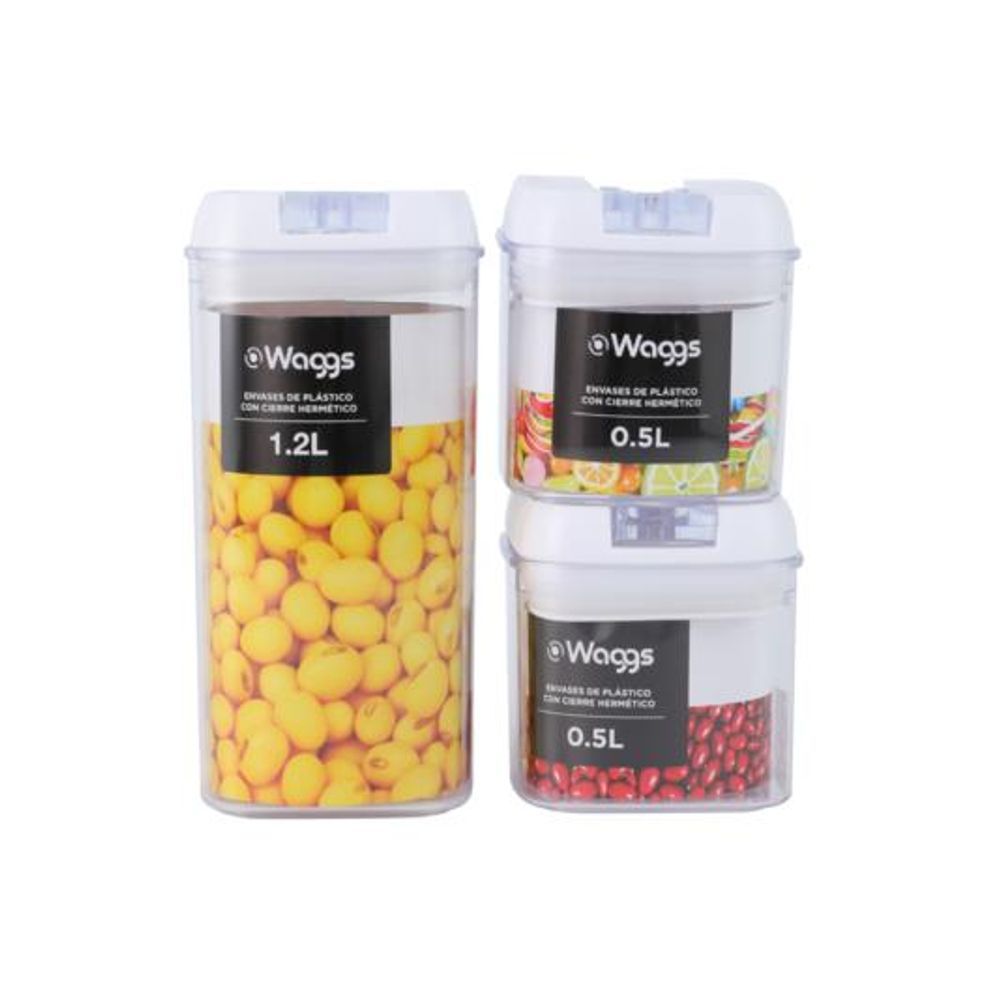 Set X3 Frascos Contenedores Herméticos Waggs Taper Apilables