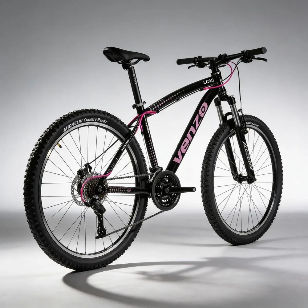 Bicicleta Mtb Venzo Loki R26 21v Disco Mecánico Negro Rosa T14 3cts