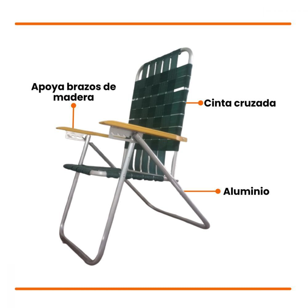 Posta Reposera Aluminio 5 Posiciones Cintas Apoya Brazo Madera Verde Oscuro