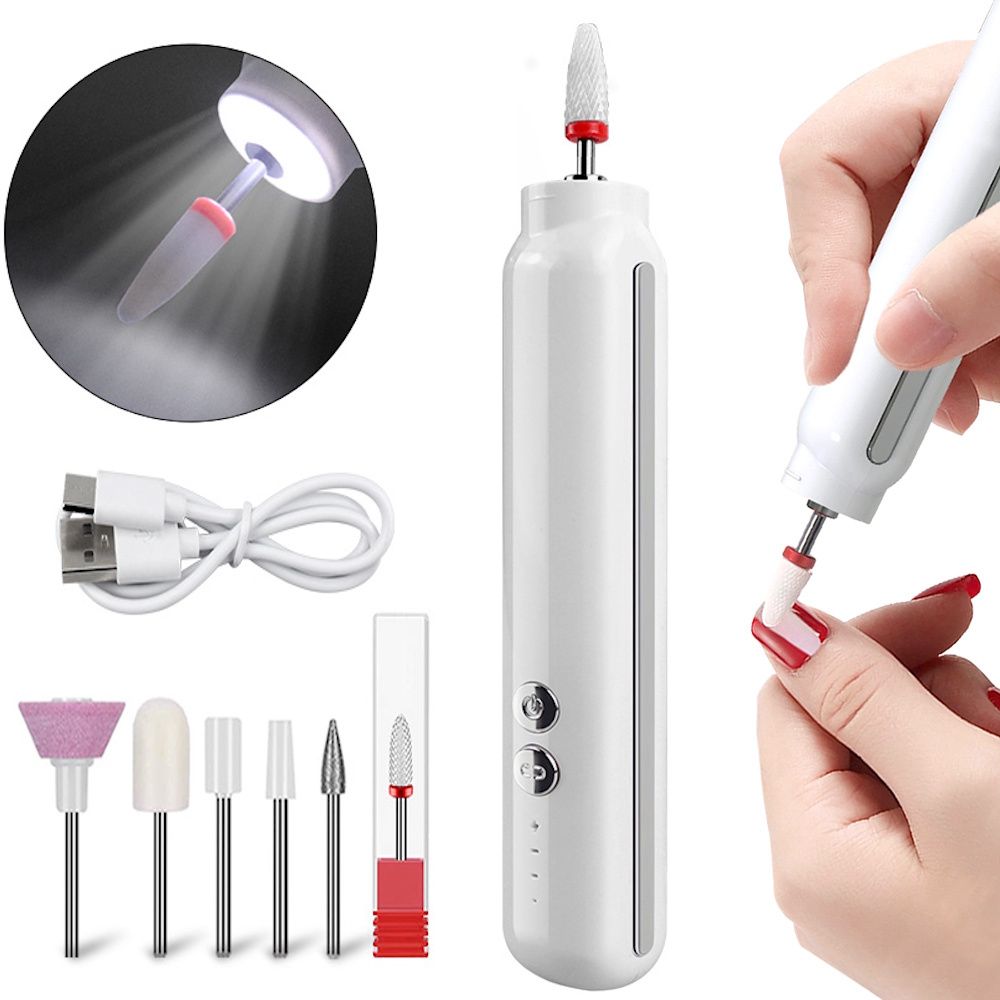 Torno Uñas Recargable 15.000 Rpm Con Luz Led + Set De Brocas